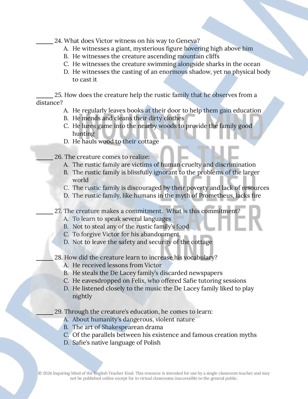 Frankenstein by Mary Shelley Test and Answer Key for High School ...