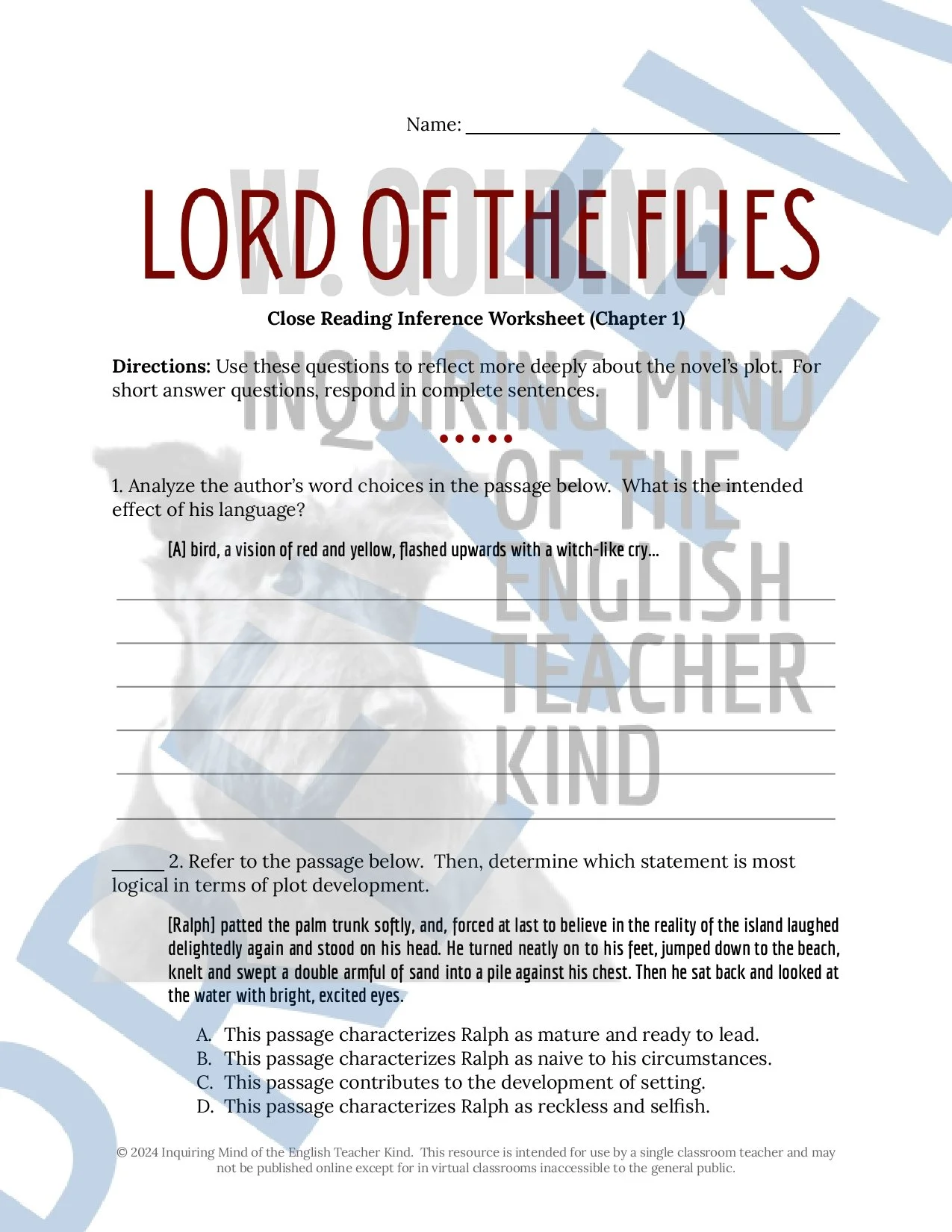 Lord of the Flies Chapter 1 Quiz, Close Reading, and Vocabulary ...