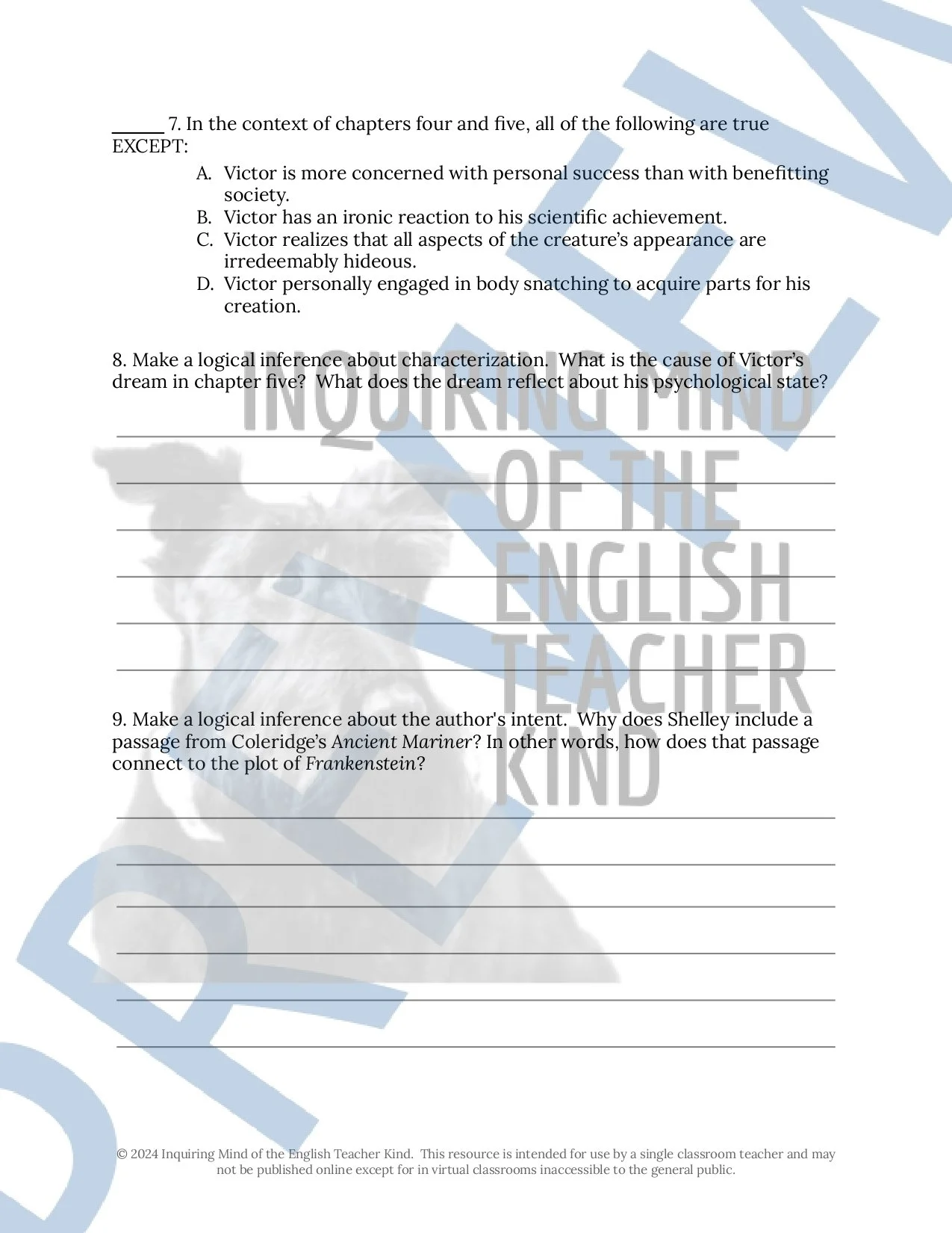 Frankenstein by Mary Shelley Close Reading Analysis Worksheets Bundle ...