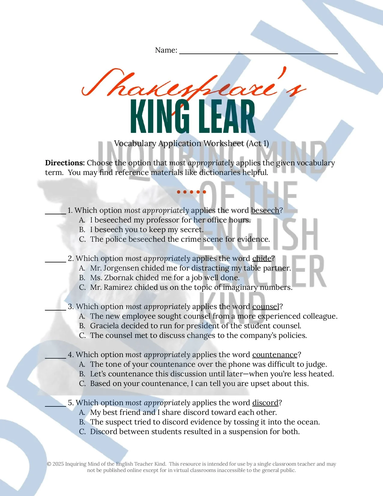 King Lear Act 1 Quiz and Close Reading Analysis Worksheets Bundle for ...