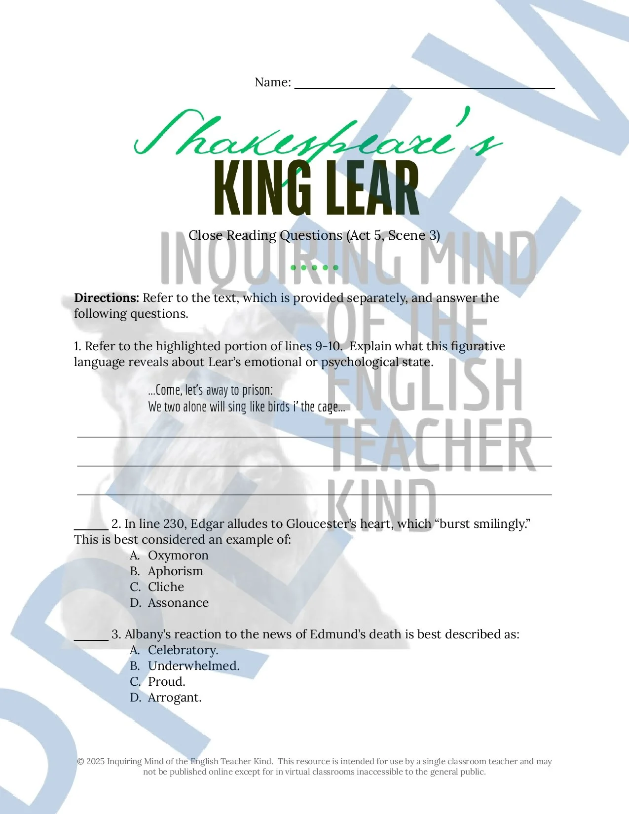 King Lear Quizzes, Vocabulary Games, Inference Worksheets, Test, and ...