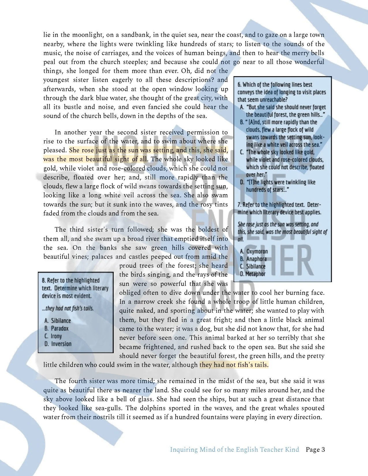 "The Little Mermaid" Quiz, Close Reading Activities, and Vocabulary ...