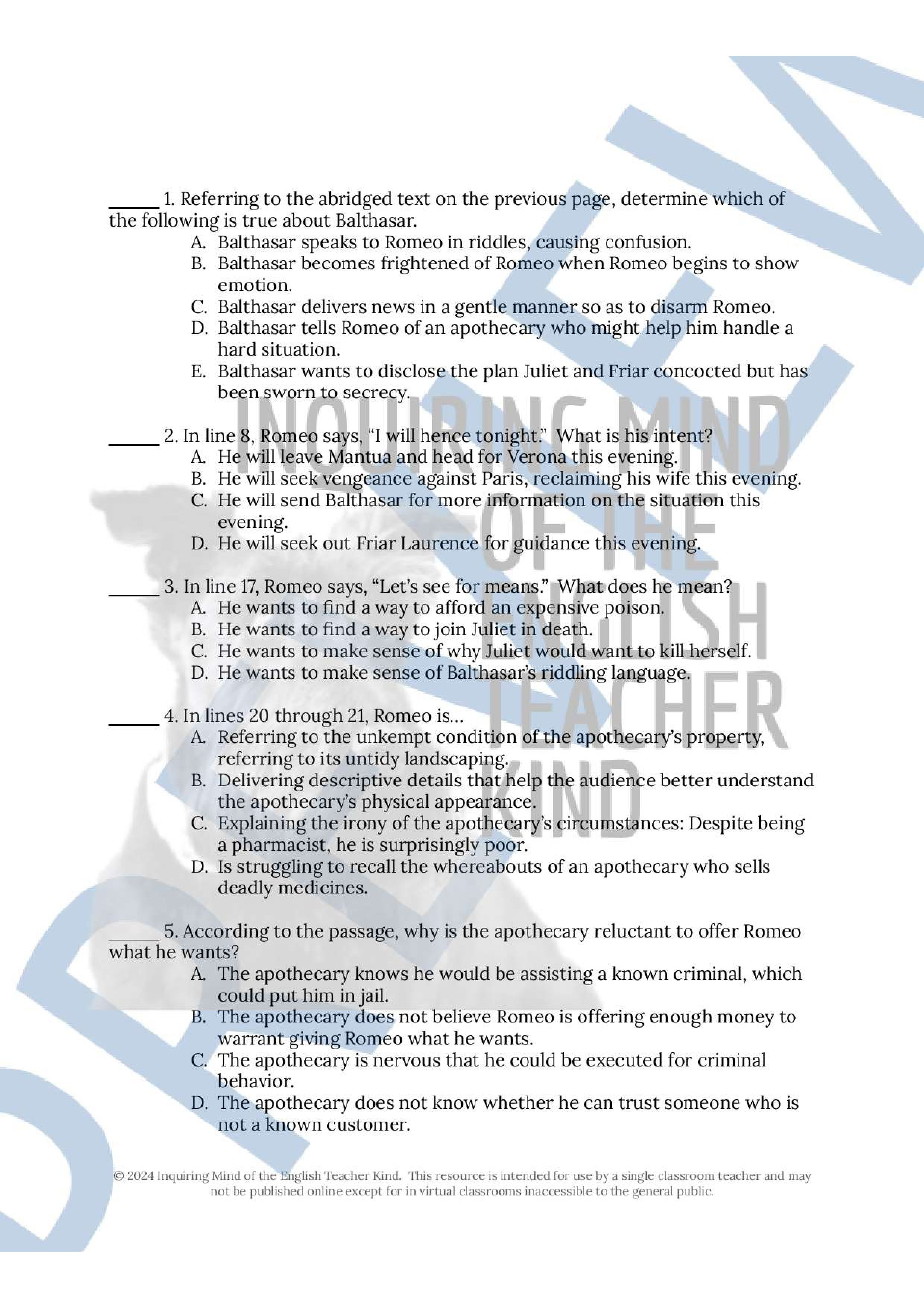 Romeo and Juliet Act 5 Quiz and Close Reading Worksheets Bundle for ...