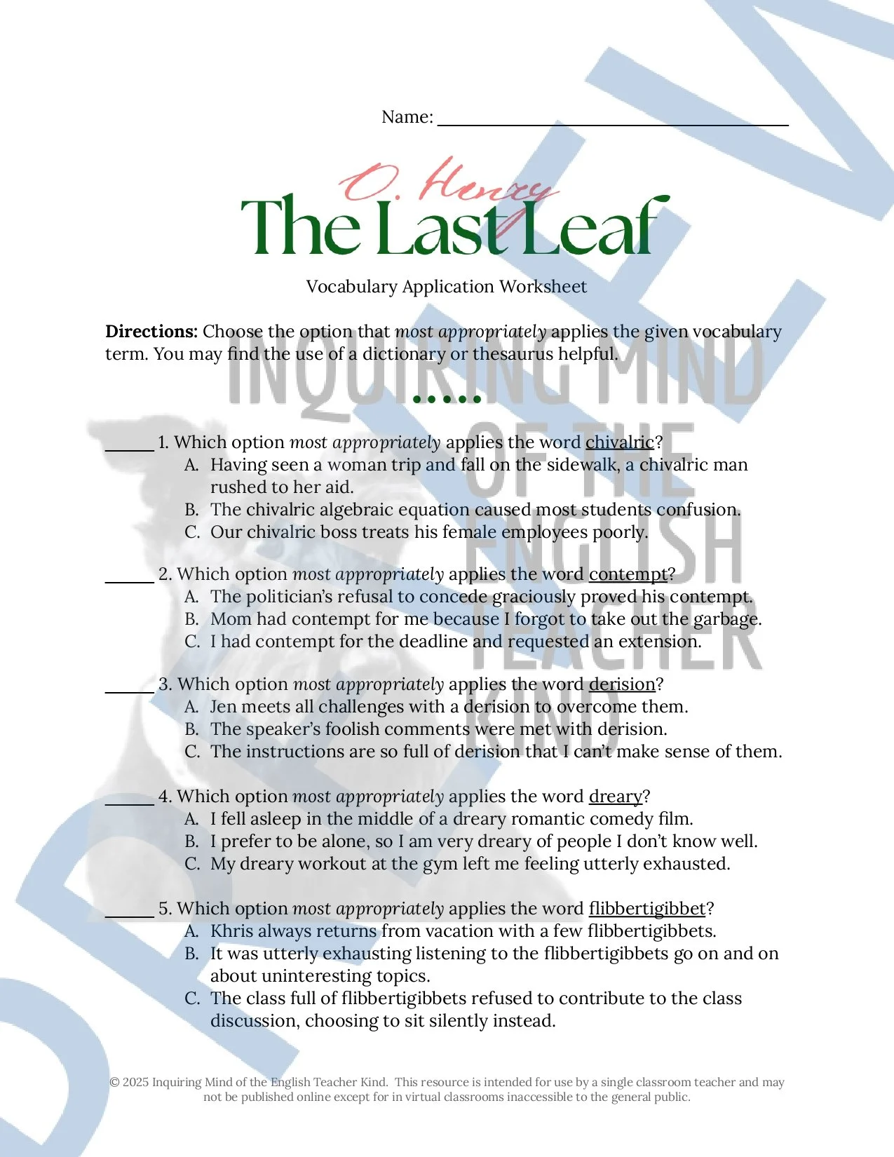 "The Last Leaf" by O. Henry Quiz, Close Reading, and Vocabulary Games ...