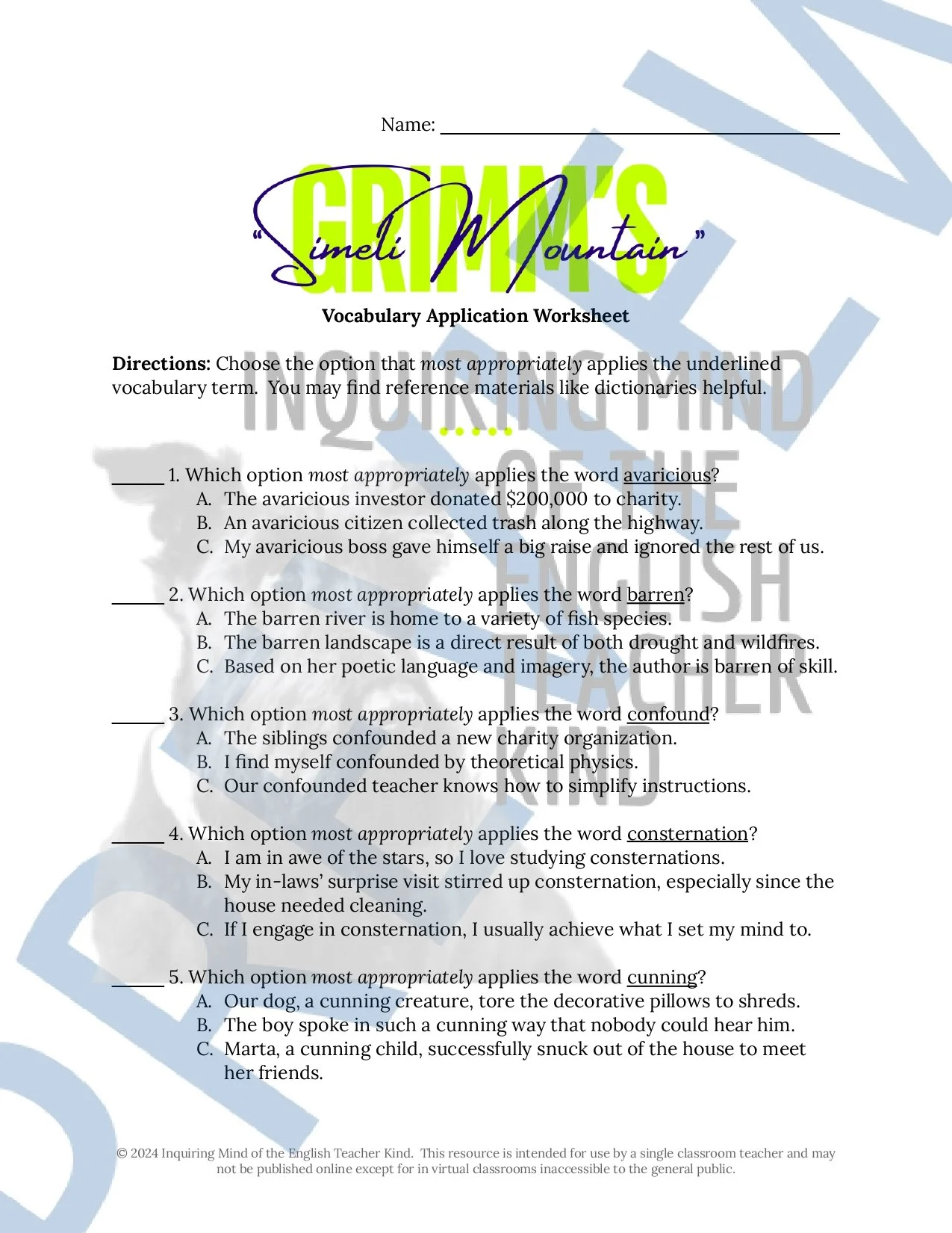 "Simeli Mountain" Quiz, Close Reading Worksheet, and Vocabulary Games ...