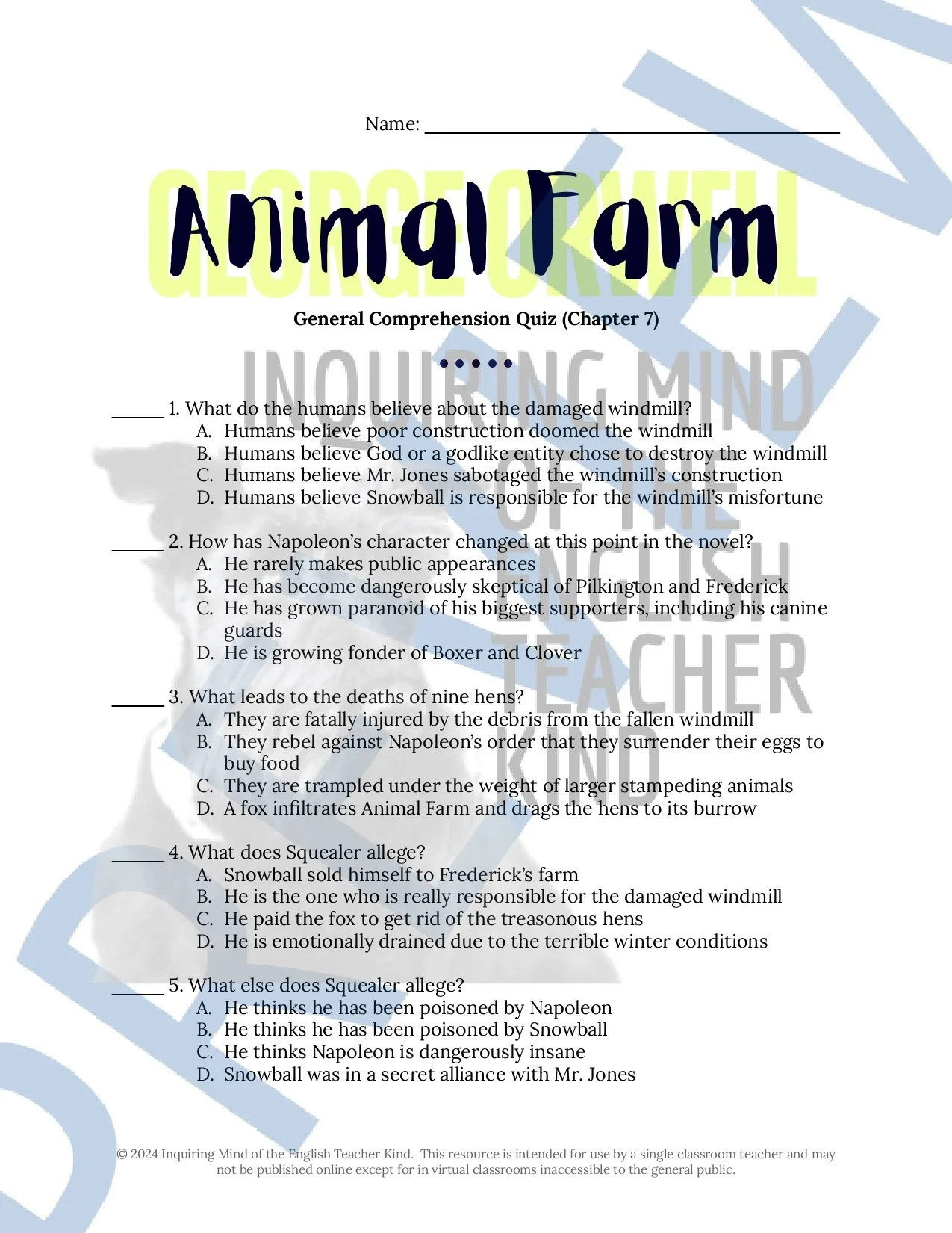 Animal Farm Chapter 7 Quiz, Close Reading Inference Worksheet, and ...