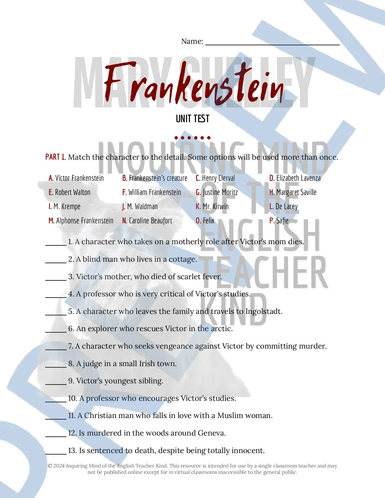 Frankenstein by Mary Shelley Test and Answer Key for High School ...