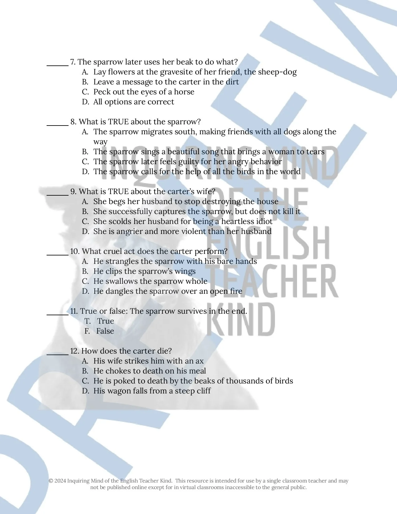 "The Dog and the Sparrow" by the Brothers Grimm Quiz, Close Reading ...
