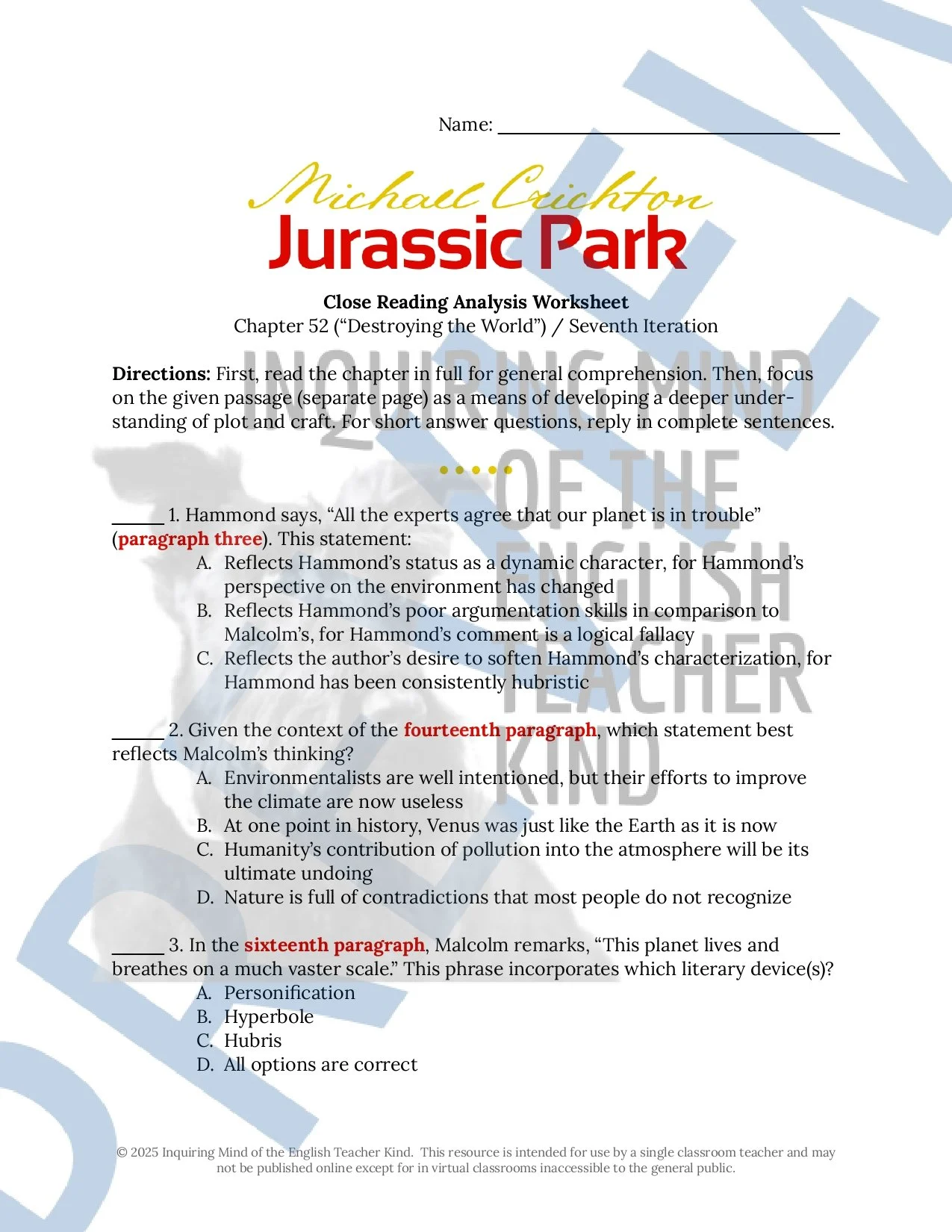 Jurassic Park Quizzes, Analysis Worksheets, Vocabulary Games, Project ...