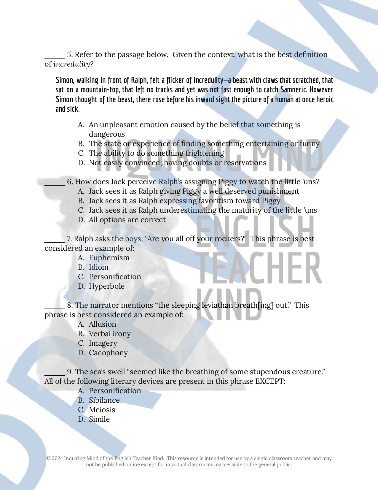 Lord of the Flies Chapter 6 Quiz, Close Reading, and Vocabulary ...