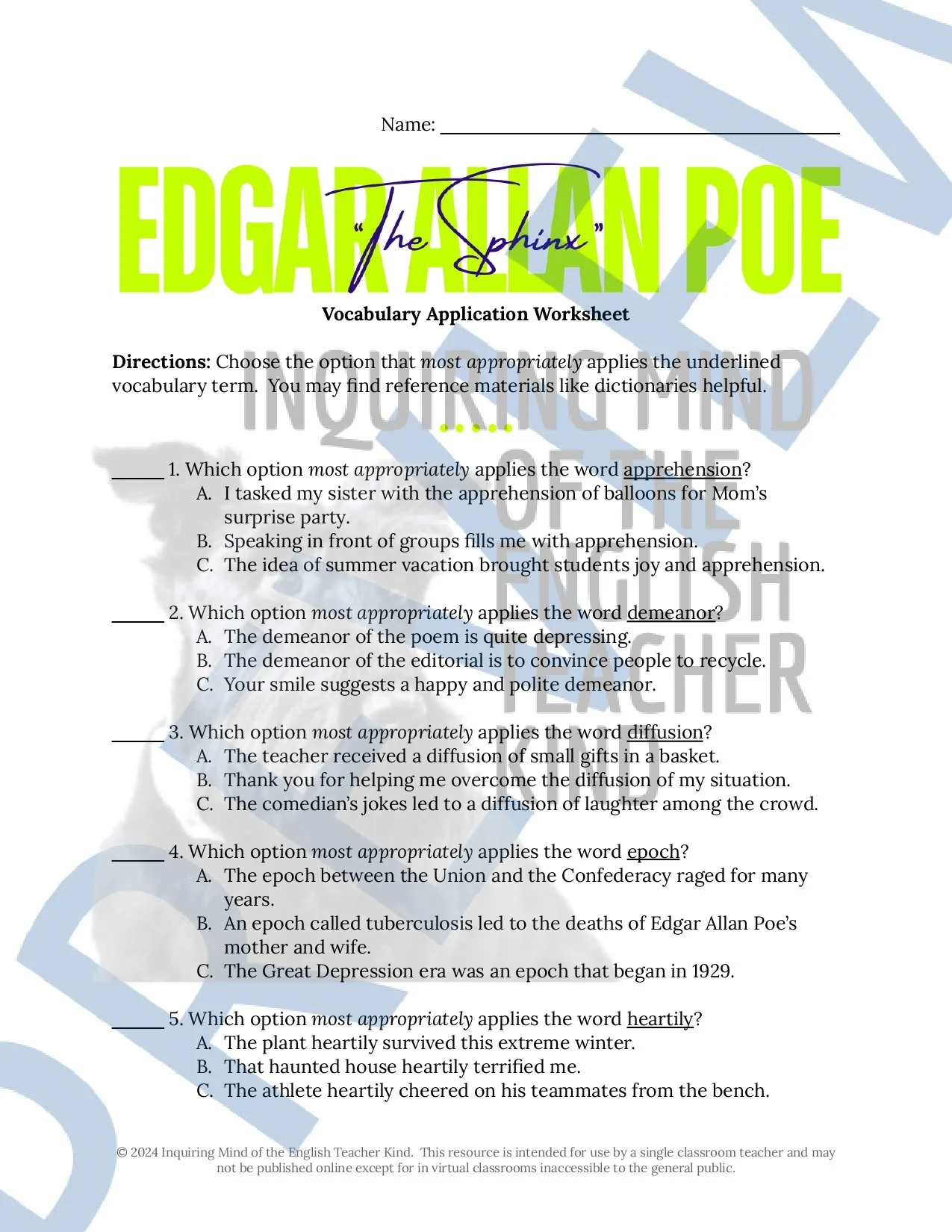 "The Sphinx" by Edgar Allan Poe Quiz, Close Reading Worksheet, and ...