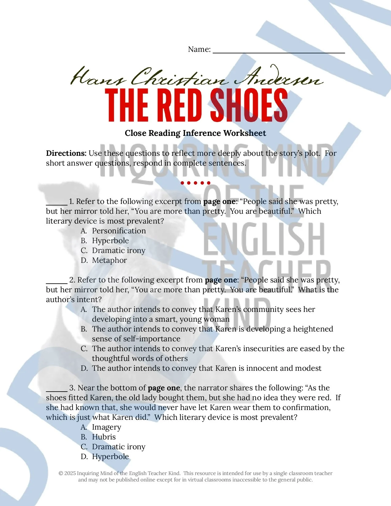 "The Red Shoes" by Hans Christian Andersen Quiz and Close Reading ...