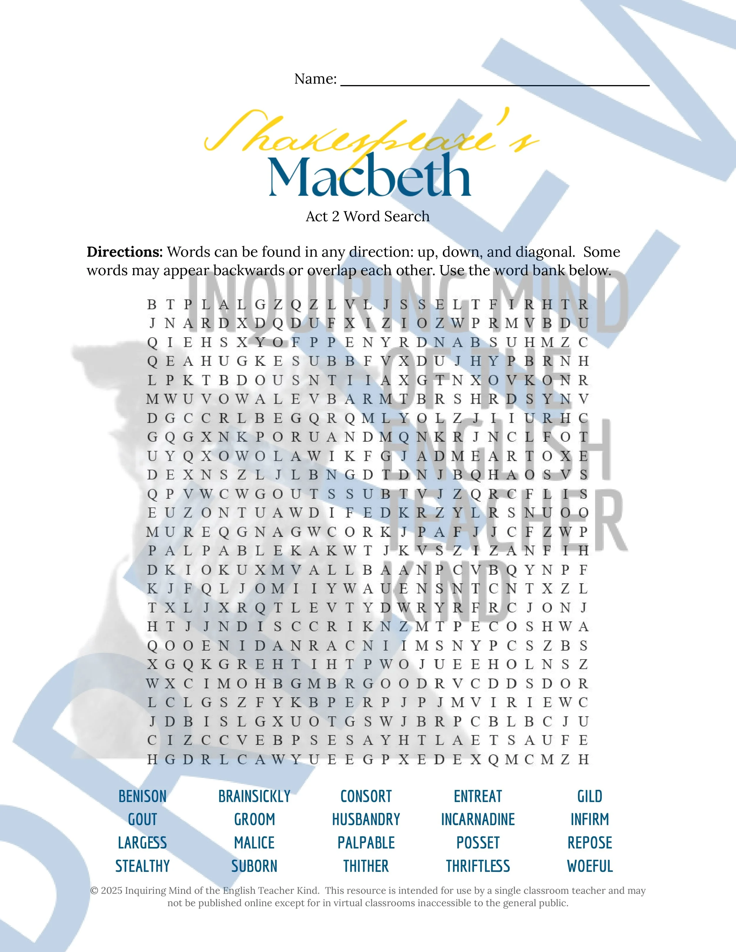 Macbeth Vocabulary Games for High School Including Crossword Puzzles ...