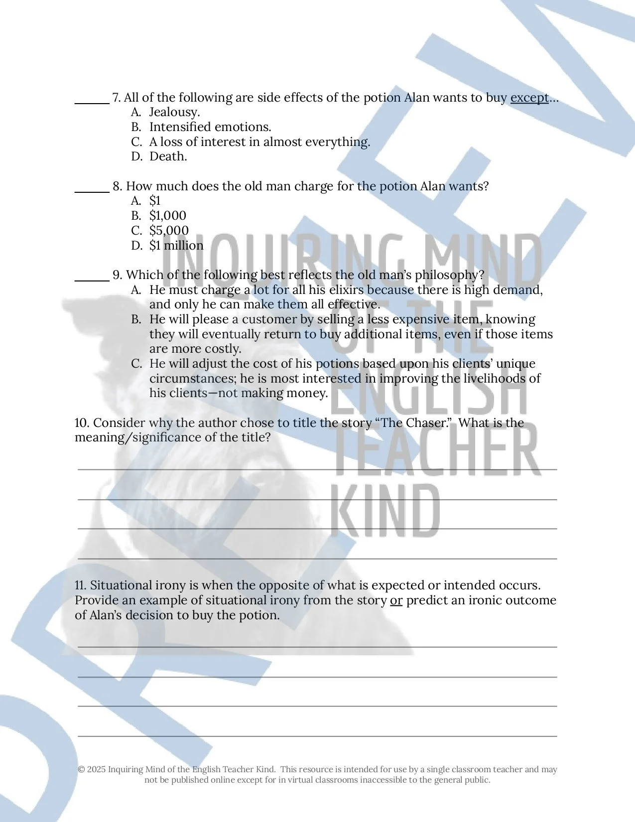 "The Chaser" by John Collier Quiz, Close Reading, and Vocabulary Games ...