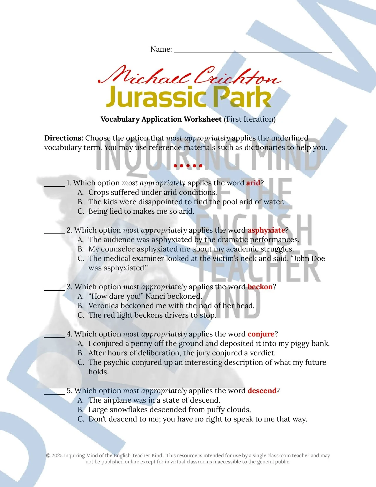 Jurassic Park by Michael Crichton First Iteration Quiz, Analysis ...