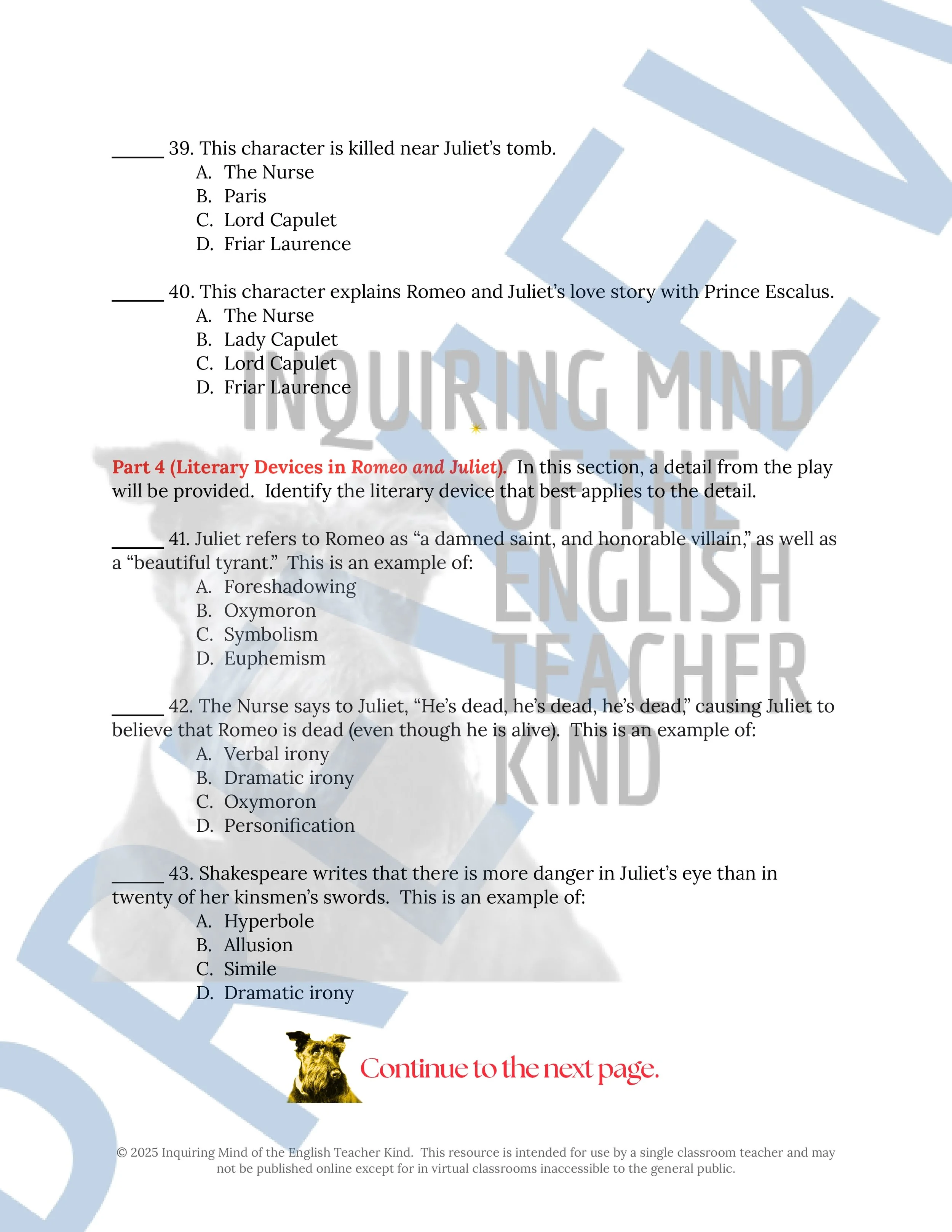 The Tragedy of Romeo and Juliet Test and Answer Key with Study Guide ...