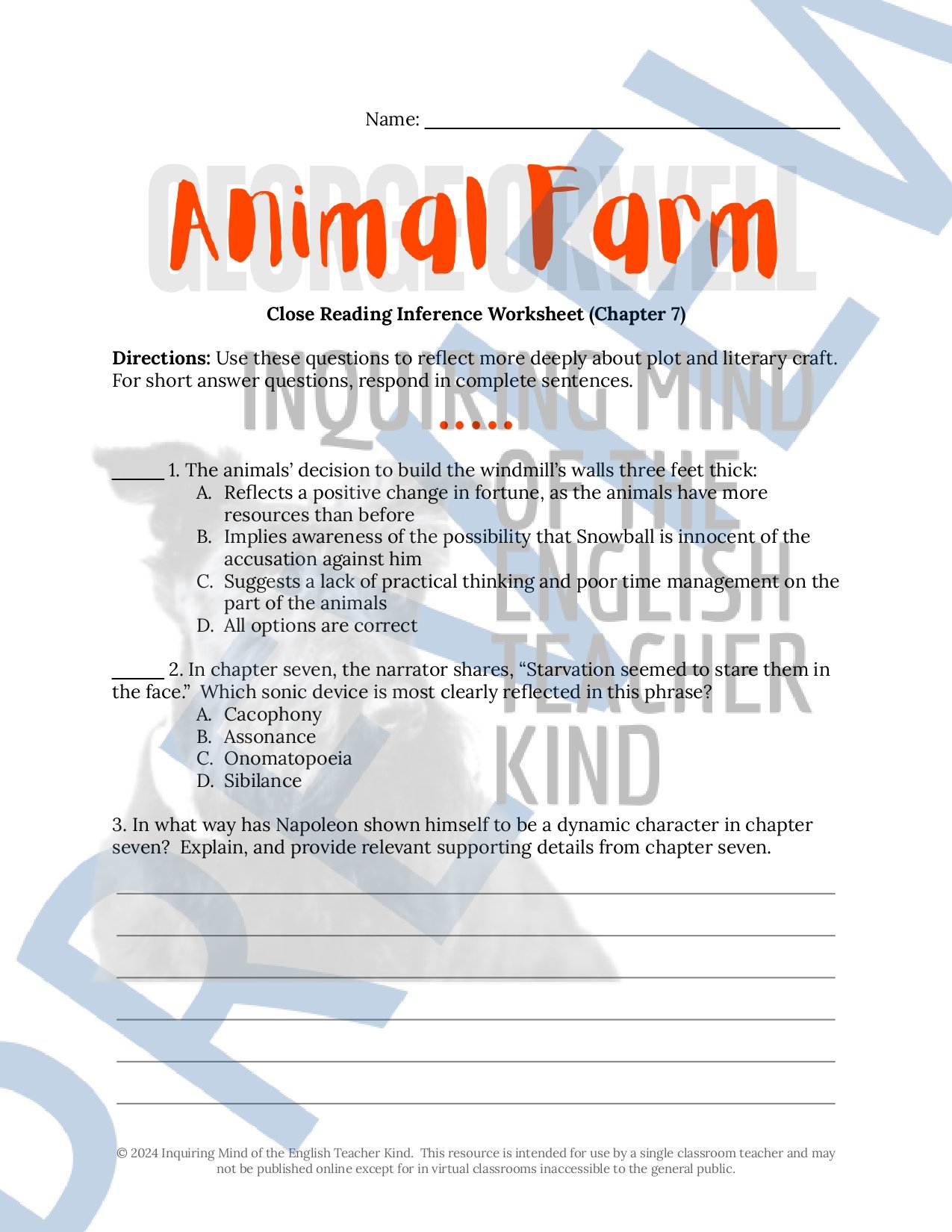 Animal Farm Chapter 7 Quiz, Close Reading Inference Worksheet, and ...