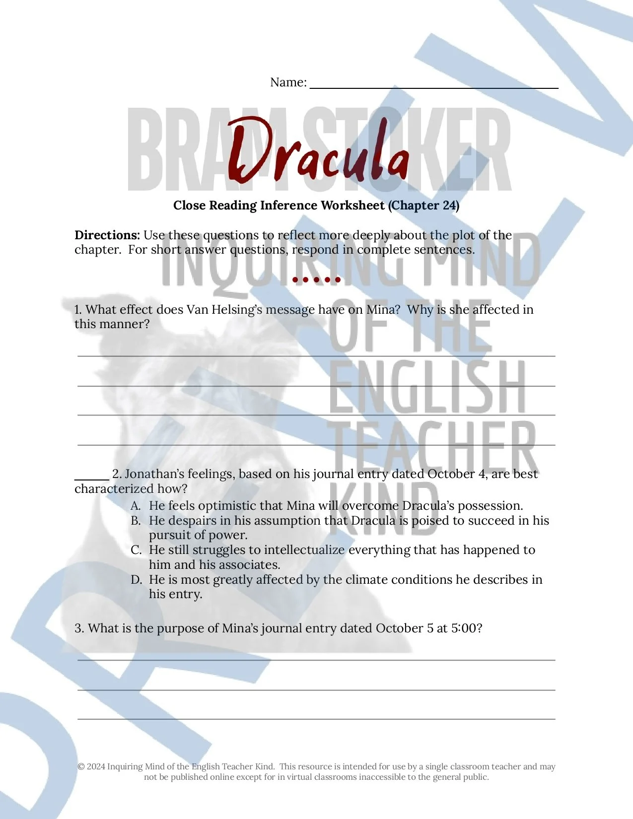 Dracula by Bram Stoker Chapters 22-24 Quiz, Close Reading Inference ...