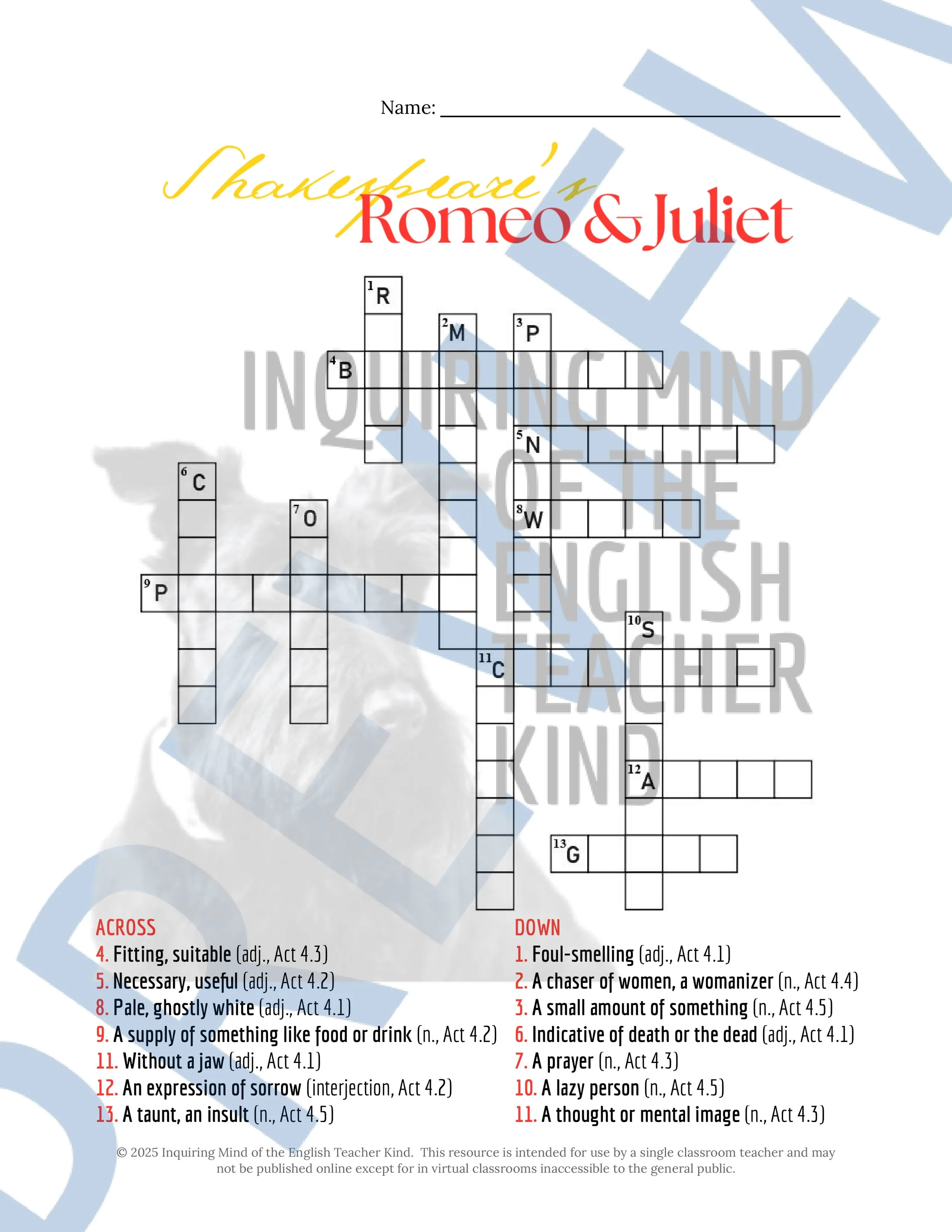 Romeo and Juliet Reading Guides, Vocabulary Games, Quizzes, Inference ...