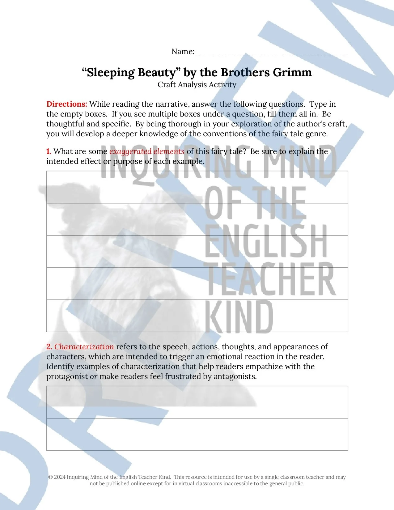 "Sleeping Beauty" by the Brothers Grimm Quiz, Close Reading, and ...