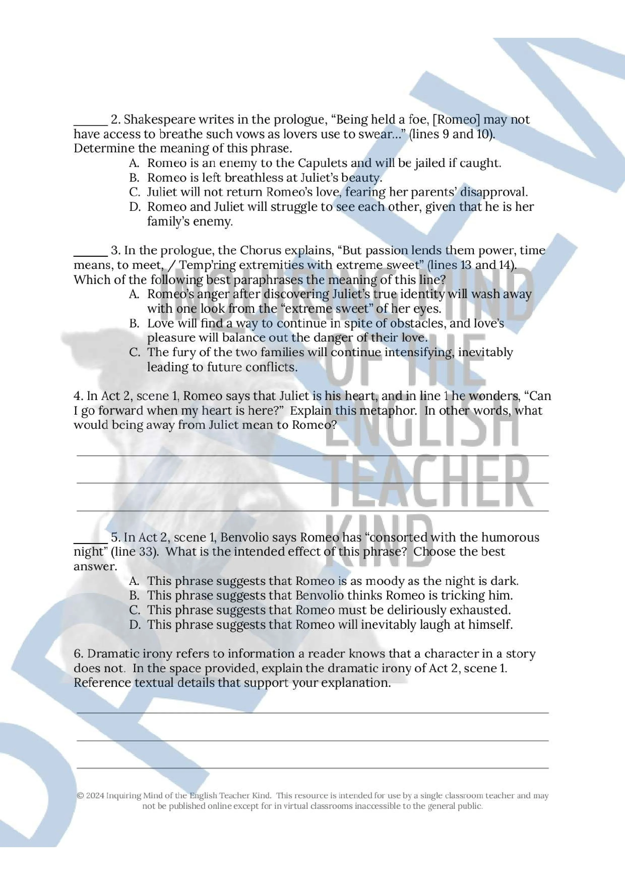 Romeo and Juliet Close Reading Analysis Worksheets Bundle with Answer ...