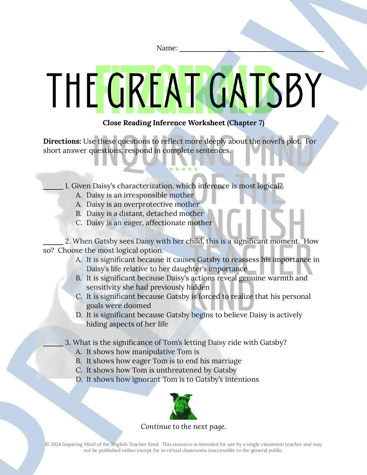 The Great Gatsby by F. Scott Fitzgerald Chapter 7 Quiz, Inference ...