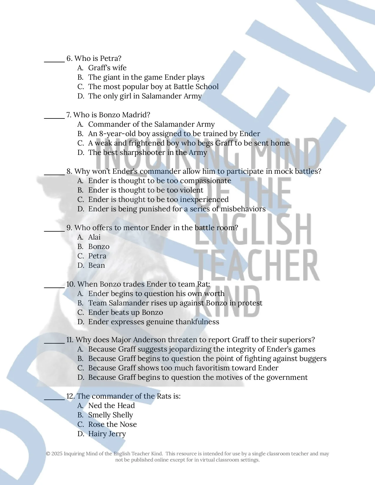 Ender's Game Quiz and Answer Key Bundle — Inquiring Mind of the English ...