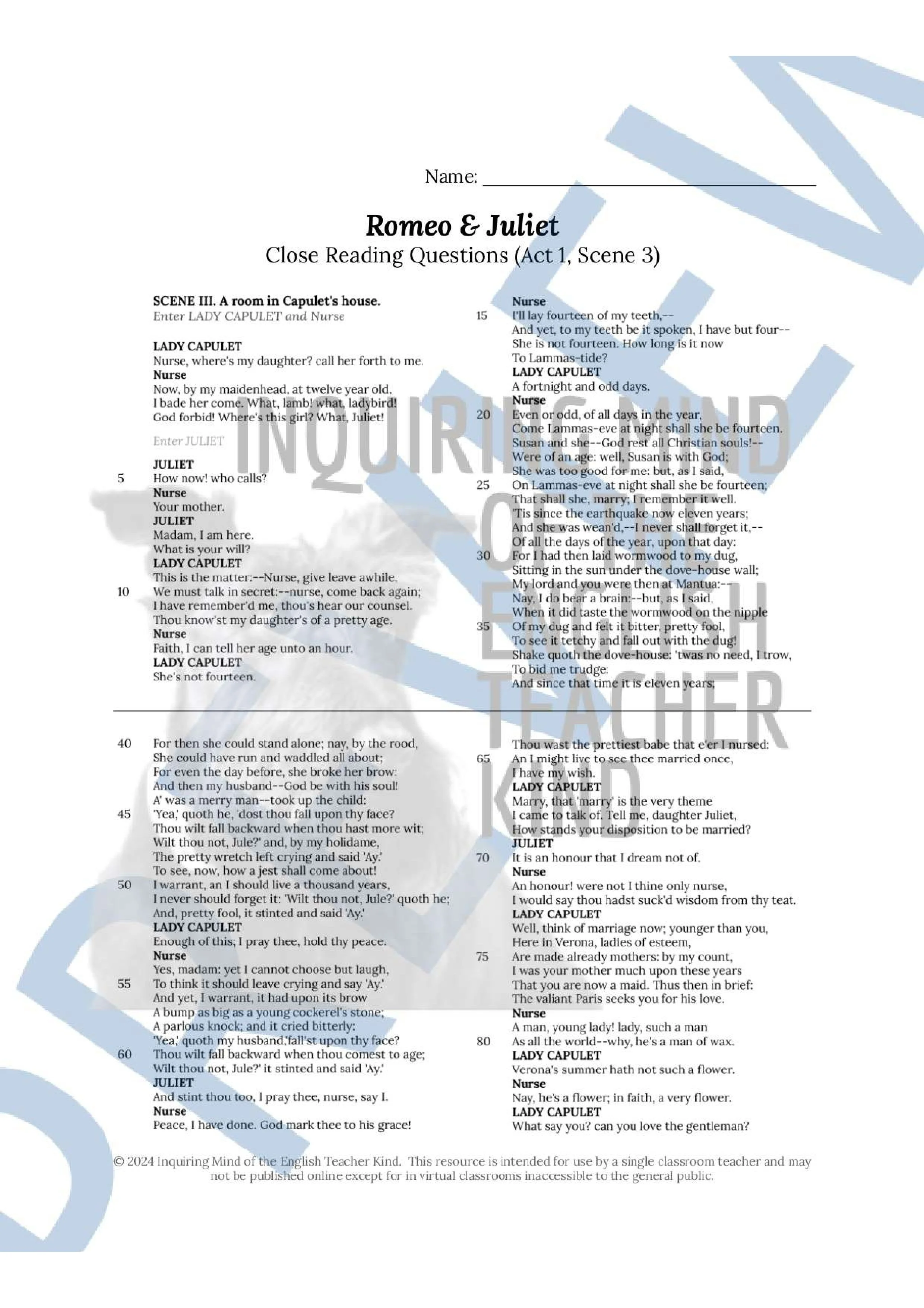 Romeo and Juliet Close Reading Analysis Worksheets Bundle with Answer ...