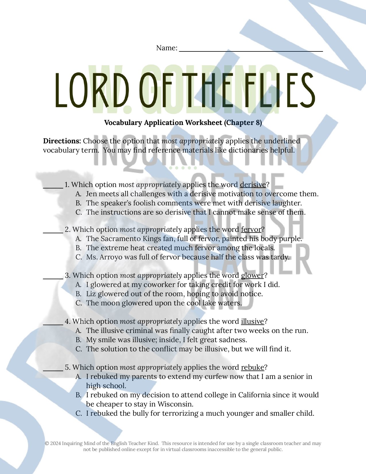 Lord of the Flies Chapter 8 Quiz, Close Reading, and Vocabulary ...