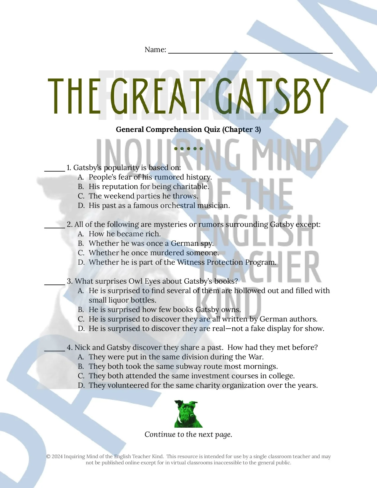 The Great Gatsby Quizzes, Inference Worksheets, Vocabulary Games, Test ...