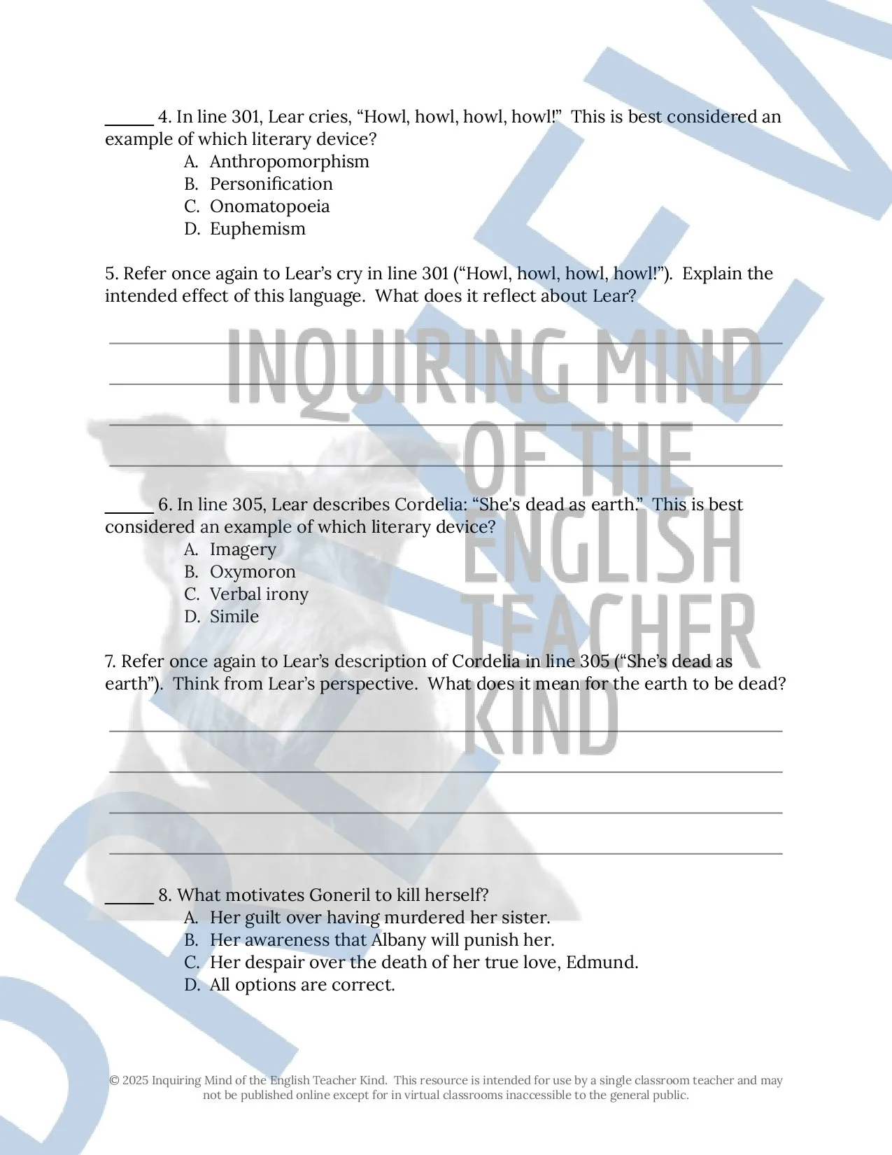 King Lear Quizzes, Vocabulary Games, Inference Worksheets, Test, and ...