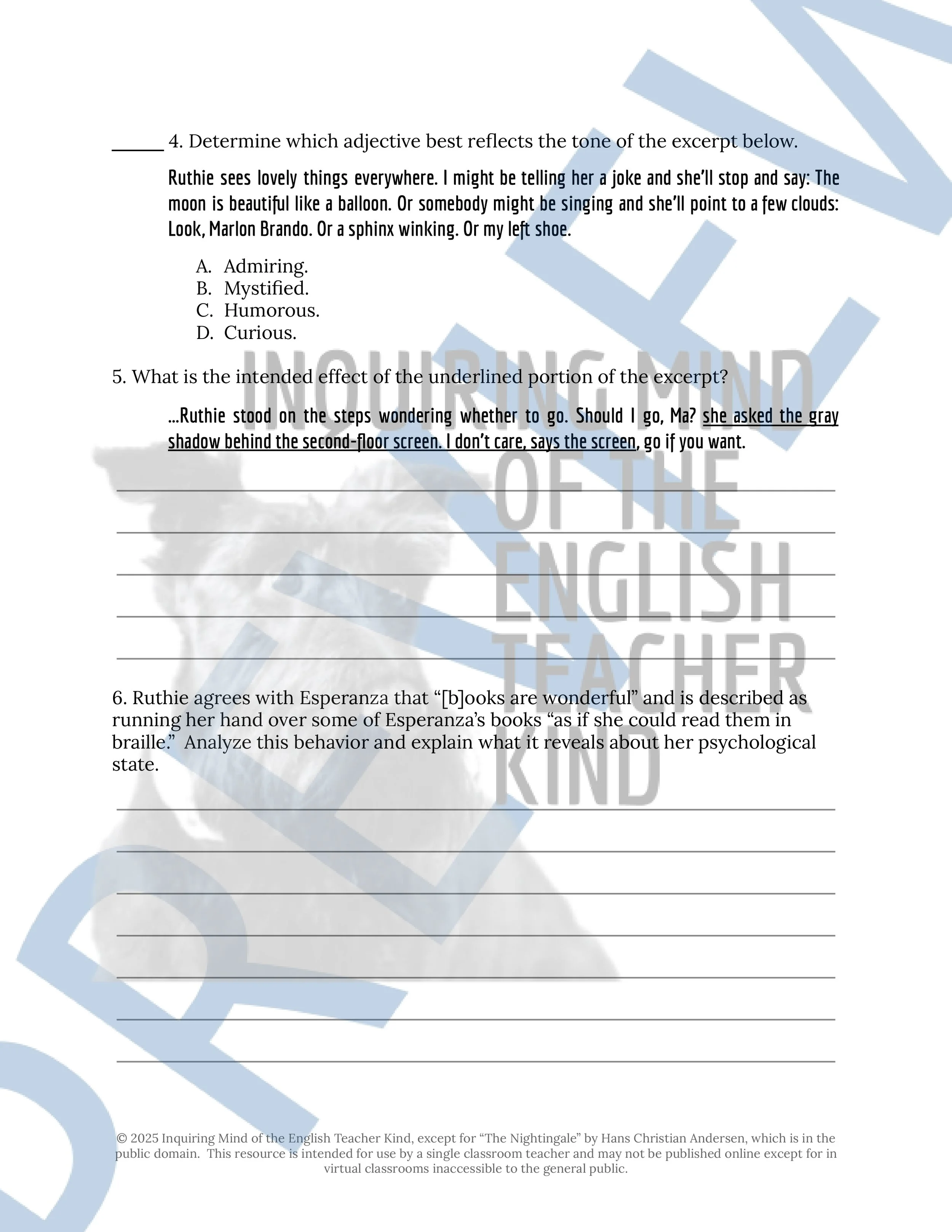 The House on Mango Street - Close Reading Worksheet on "Edna's Ruthie ...