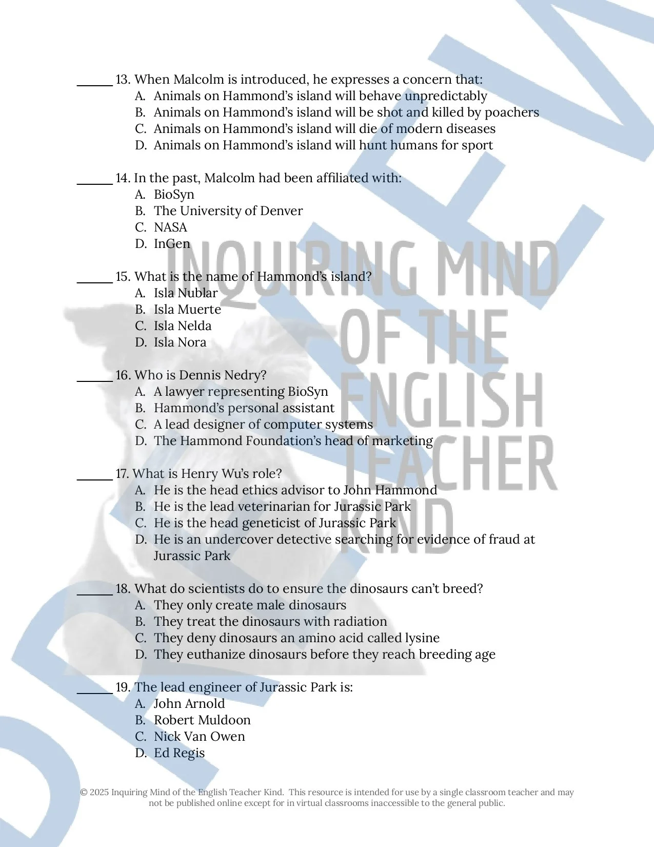 Jurassic Park Quizzes, Analysis Worksheets, Vocabulary Games, Project ...