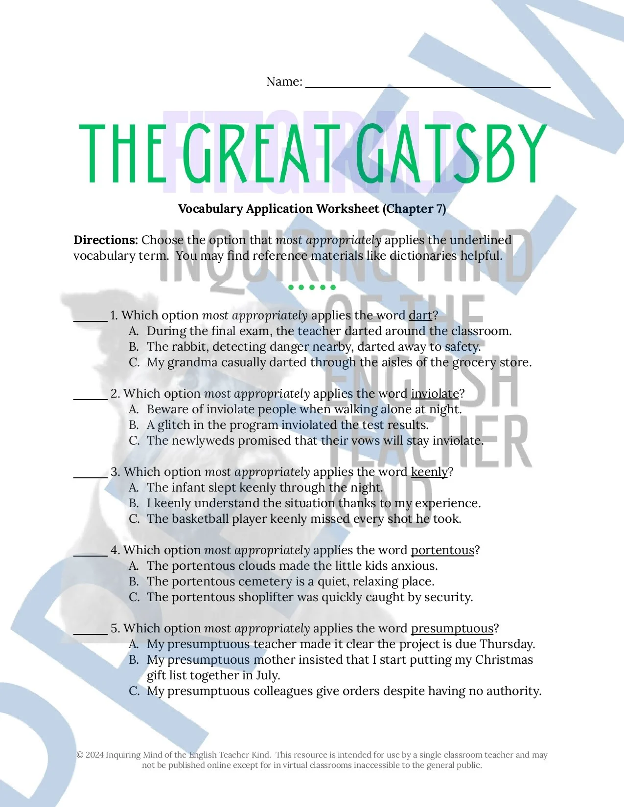 The Great Gatsby by F. Scott Fitzgerald Chapter 7 Quiz, Inference ...