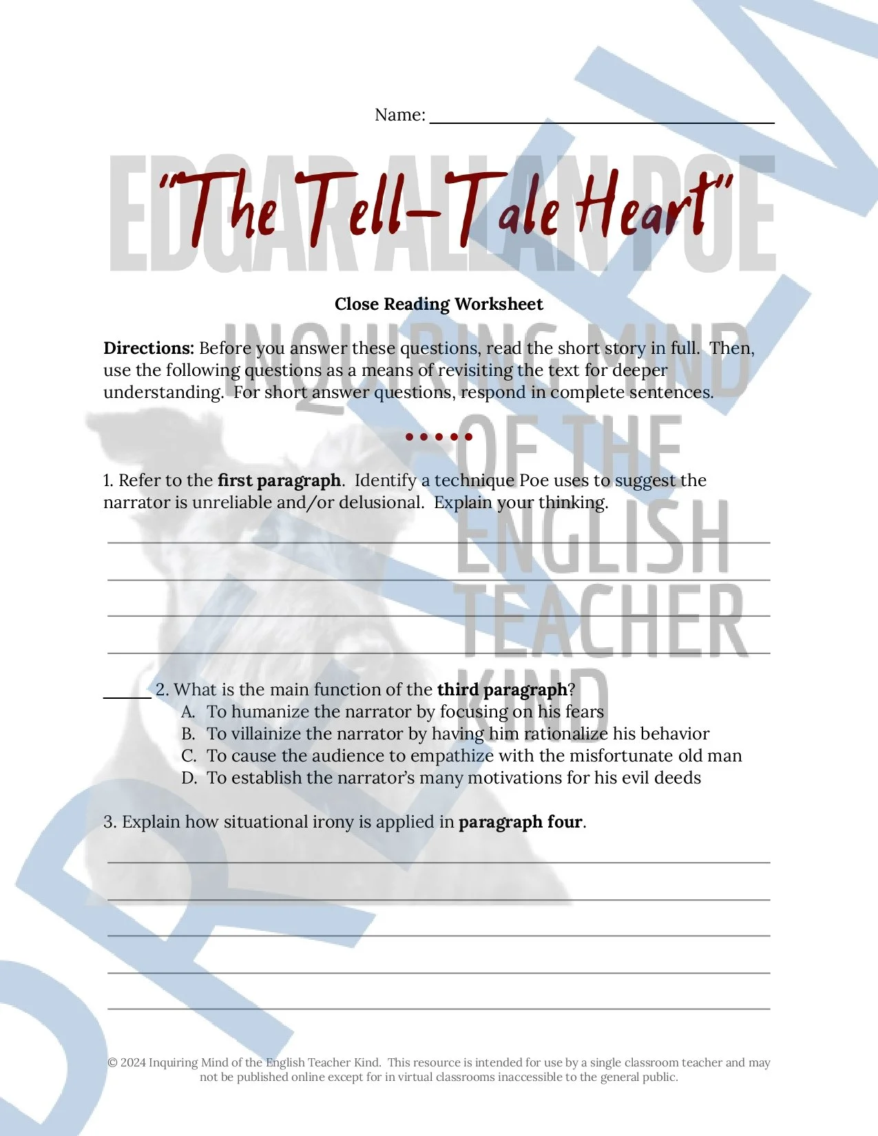 "The Tell-Tale Heart" by Edgar Allan Poe Quiz, Close Reading, and ...