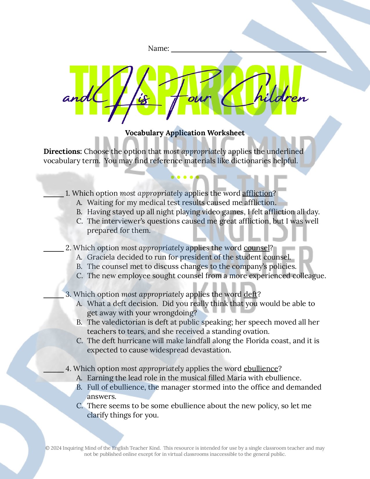 "The Sparrow and His Four Children" Quiz, Close Reading, and Vocabulary ...