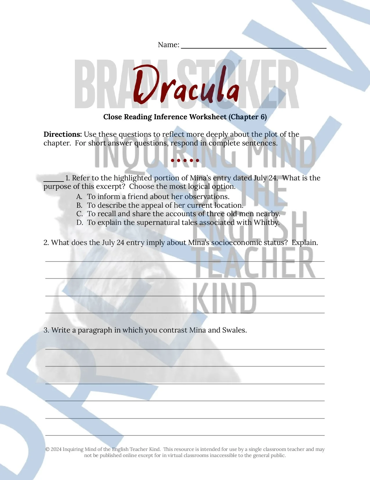 Dracula by Bram Stoker Chapters 5-7 Quiz, Close Reading Worksheets, and ...