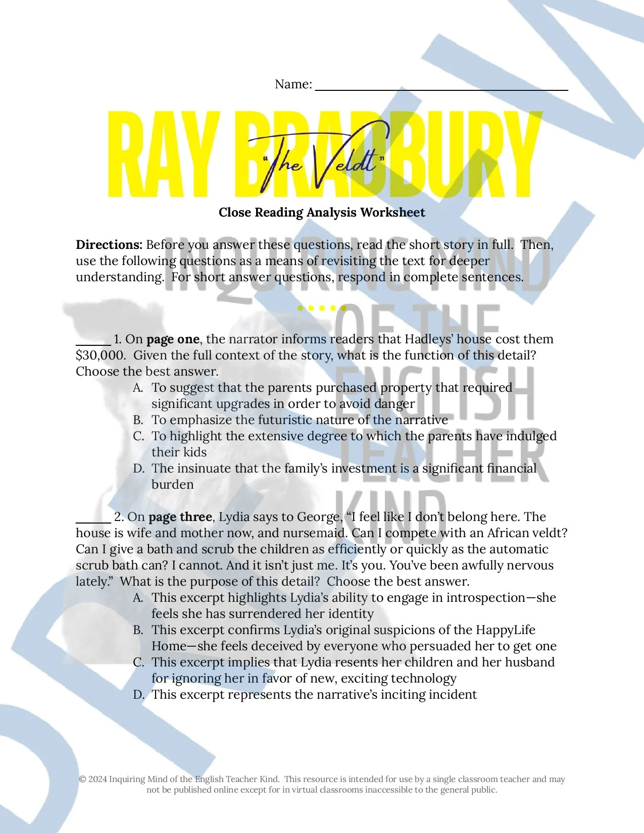 "The Veldt" by Ray Bradbury Quiz, Close Reading Worksheet, and ...