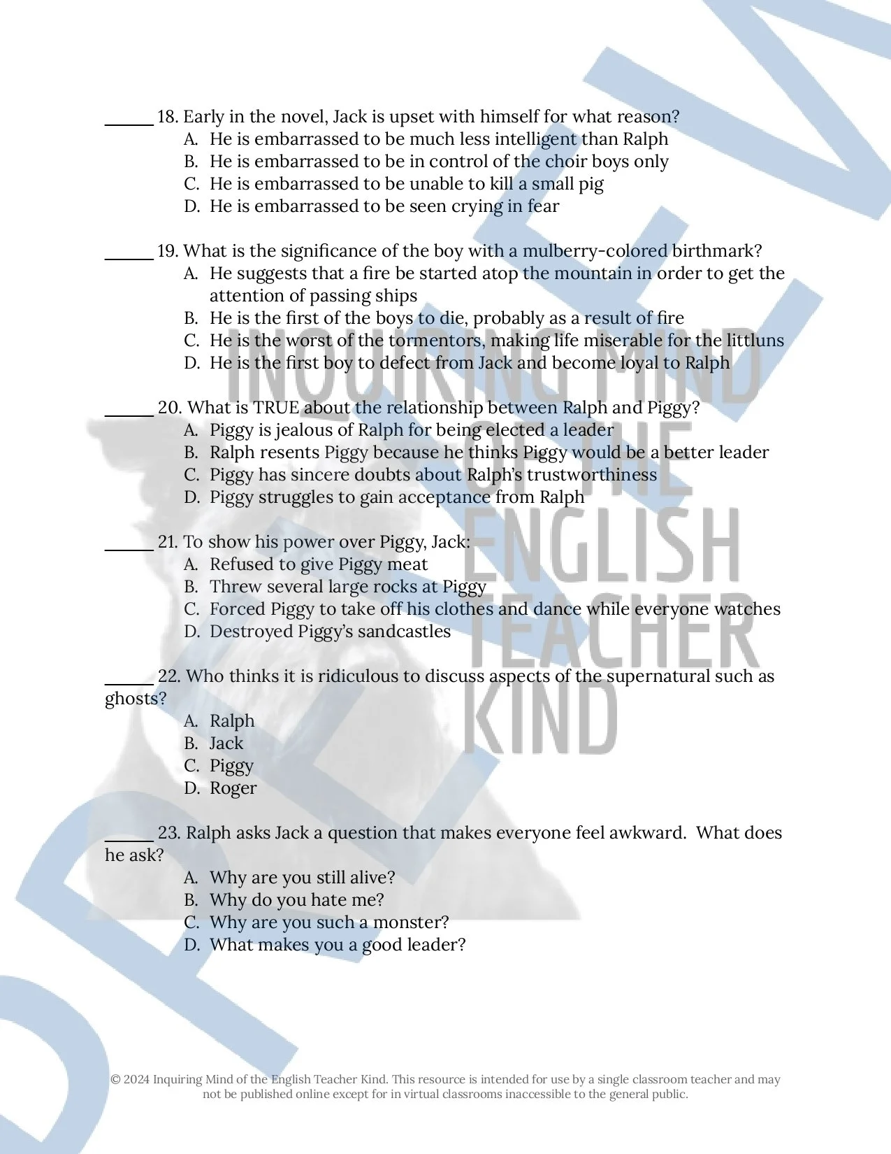 Lord of the Flies Test and Answer Key for High School — Inquiring Mind ...
