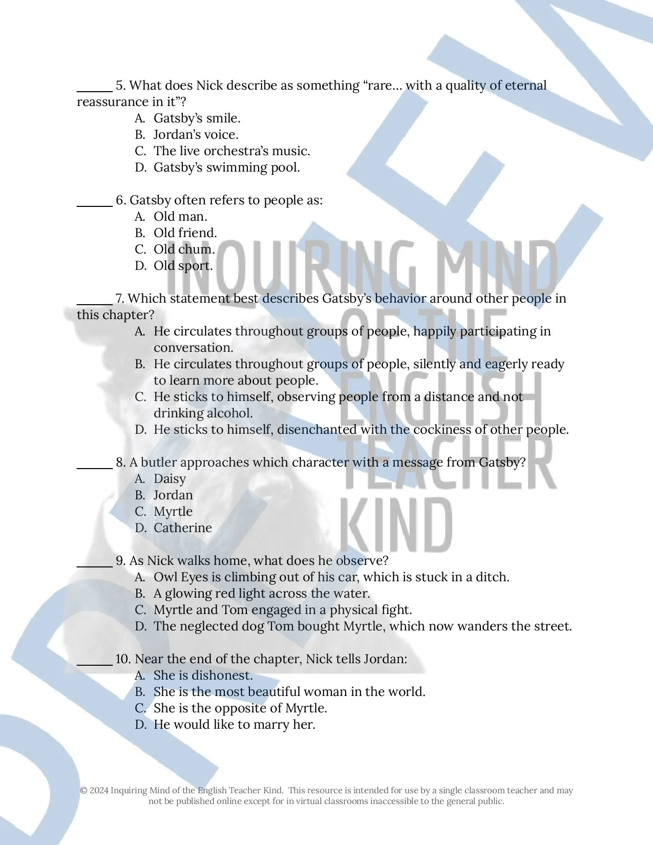 The Great Gatsby by F. Scott Fitzgerald Chapter 3 Quiz, Inference ...