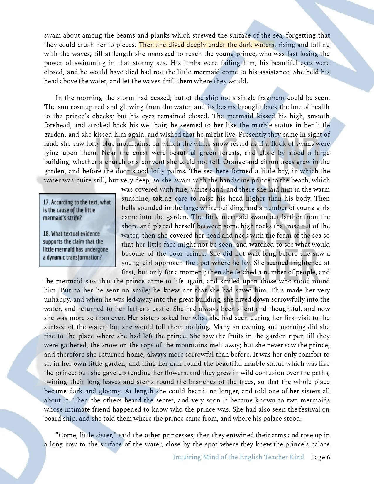 "The Little Mermaid" Quiz, Close Reading Activities, and Vocabulary ...