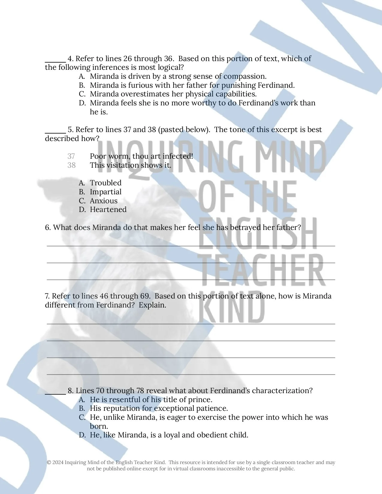 William Shakespeare's The Tempest Close Reading Analysis Worksheets ...