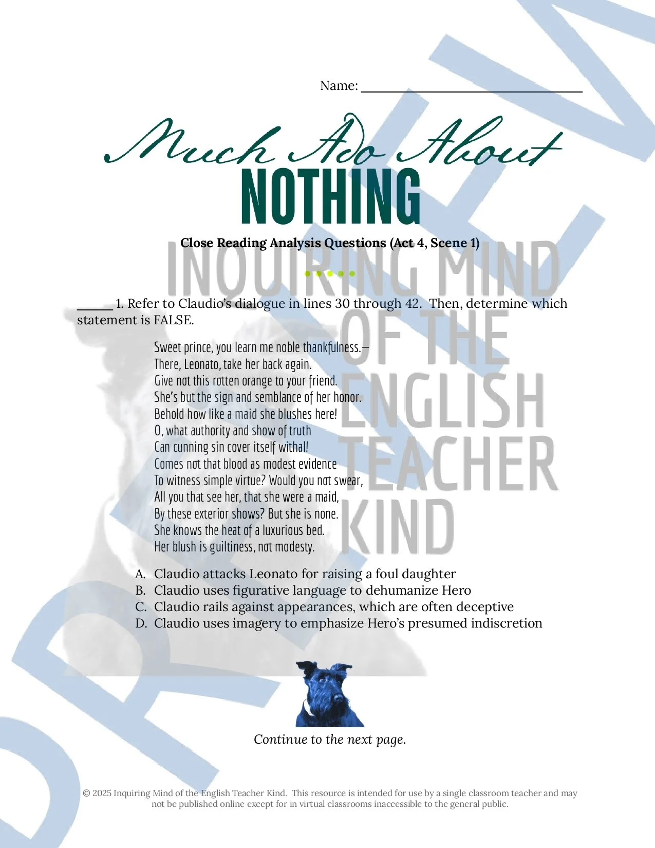 Much Ado About Nothing Close Reading Analysis Worksheets Bundle with ...