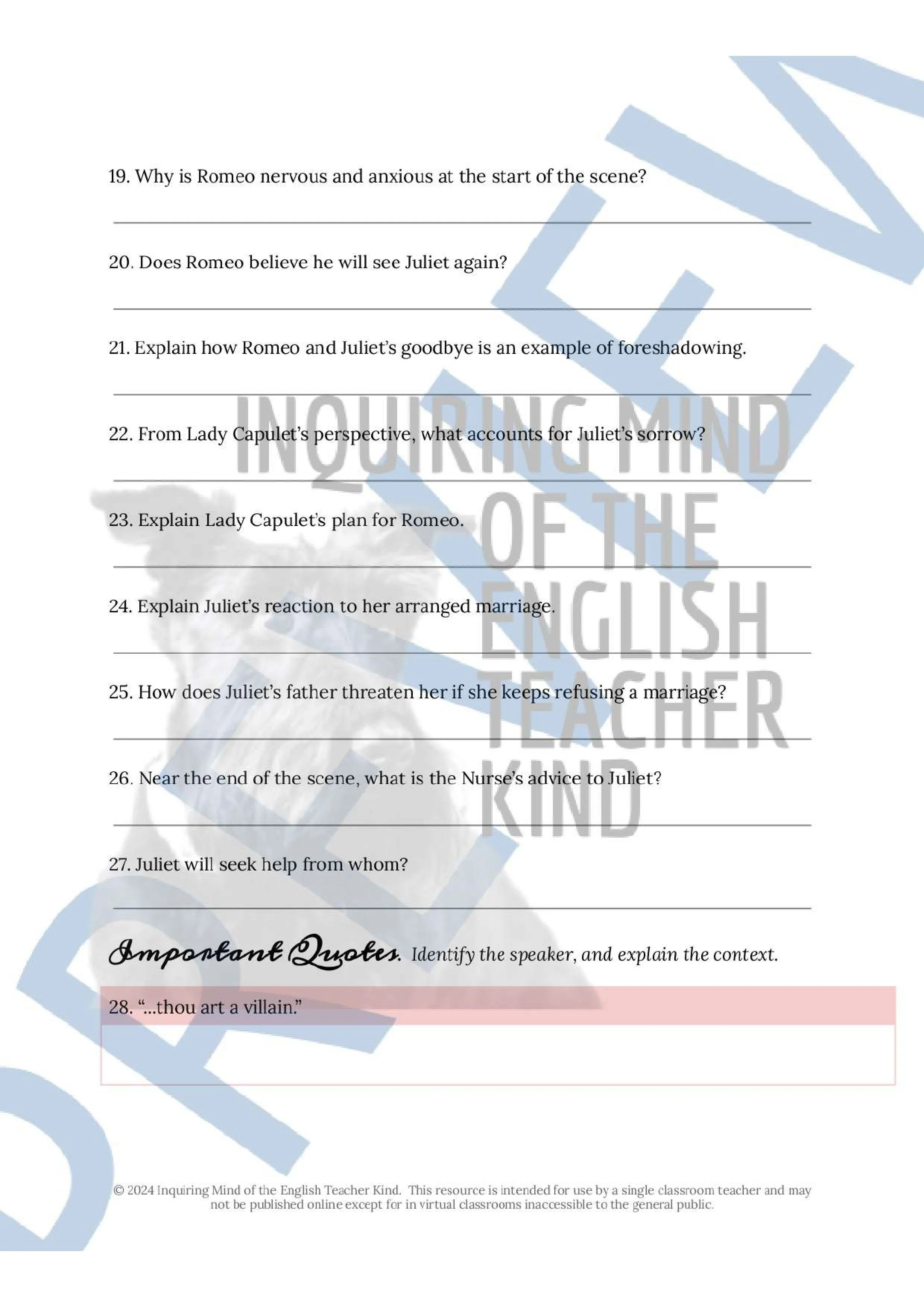 Romeo and Juliet Guided Reading Worksheets and Answer Keys Bundle for ...