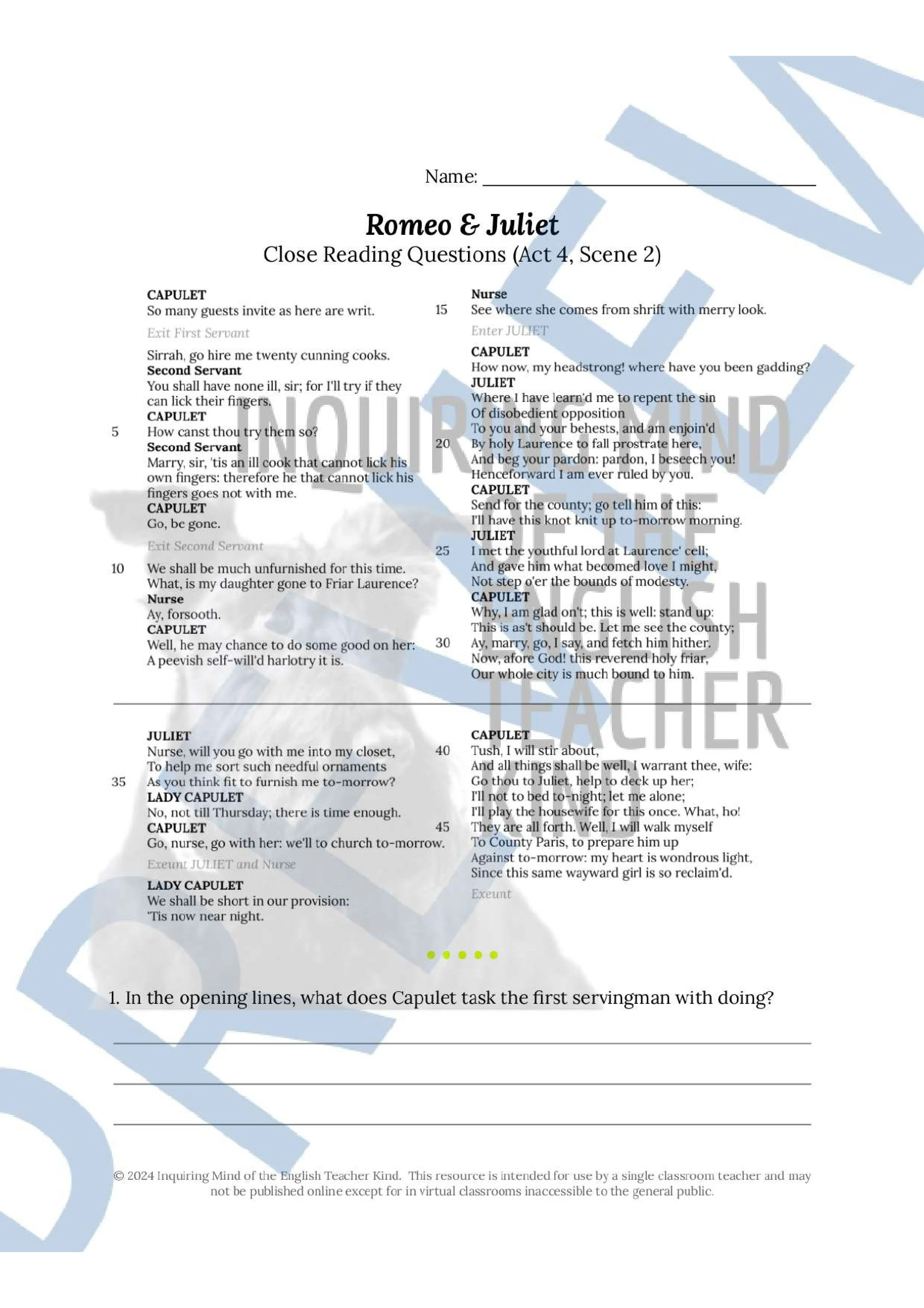 Romeo and Juliet Close Reading Analysis Worksheets Bundle with Answer ...