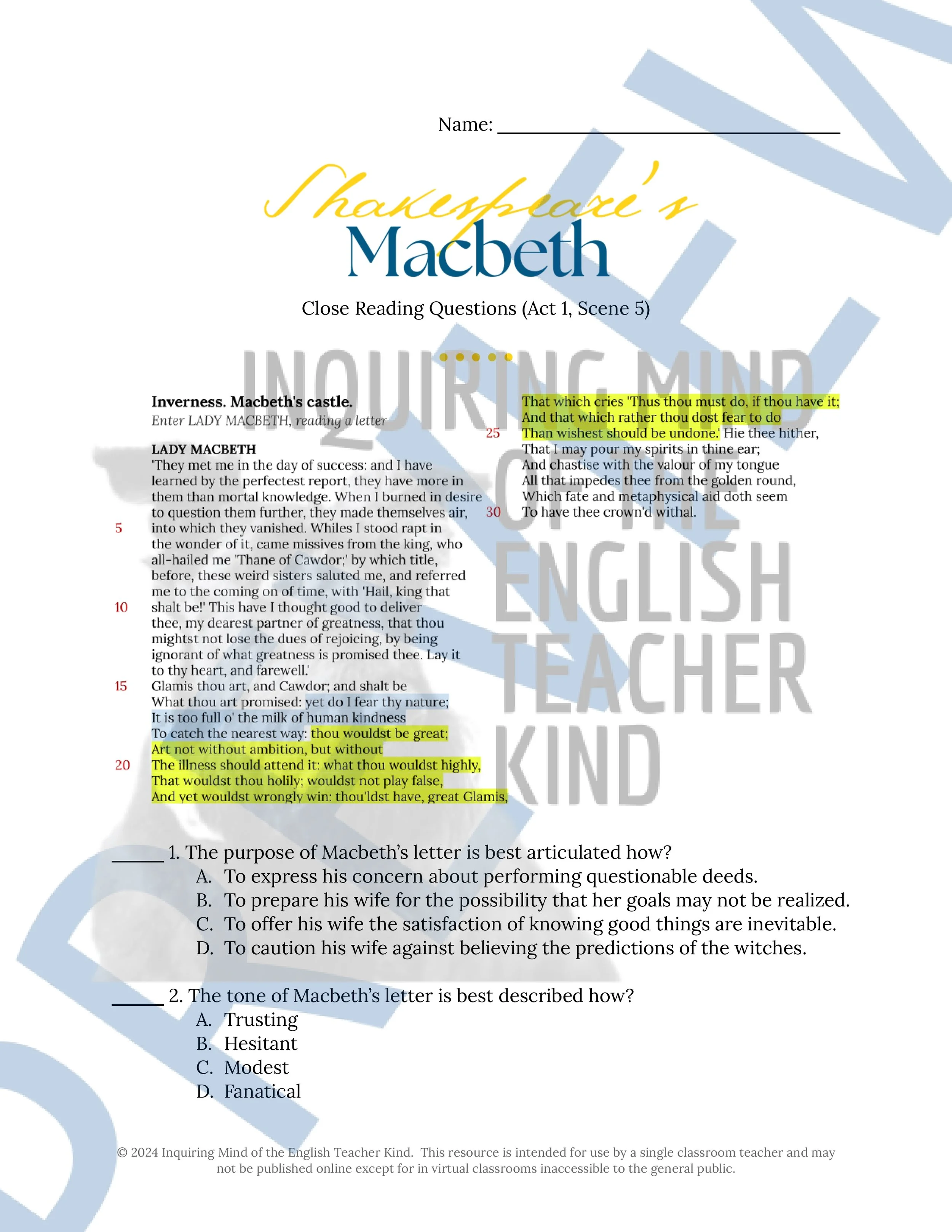 Macbeth Close Reading Analysis Worksheets and Answer Keys Bundle for ...