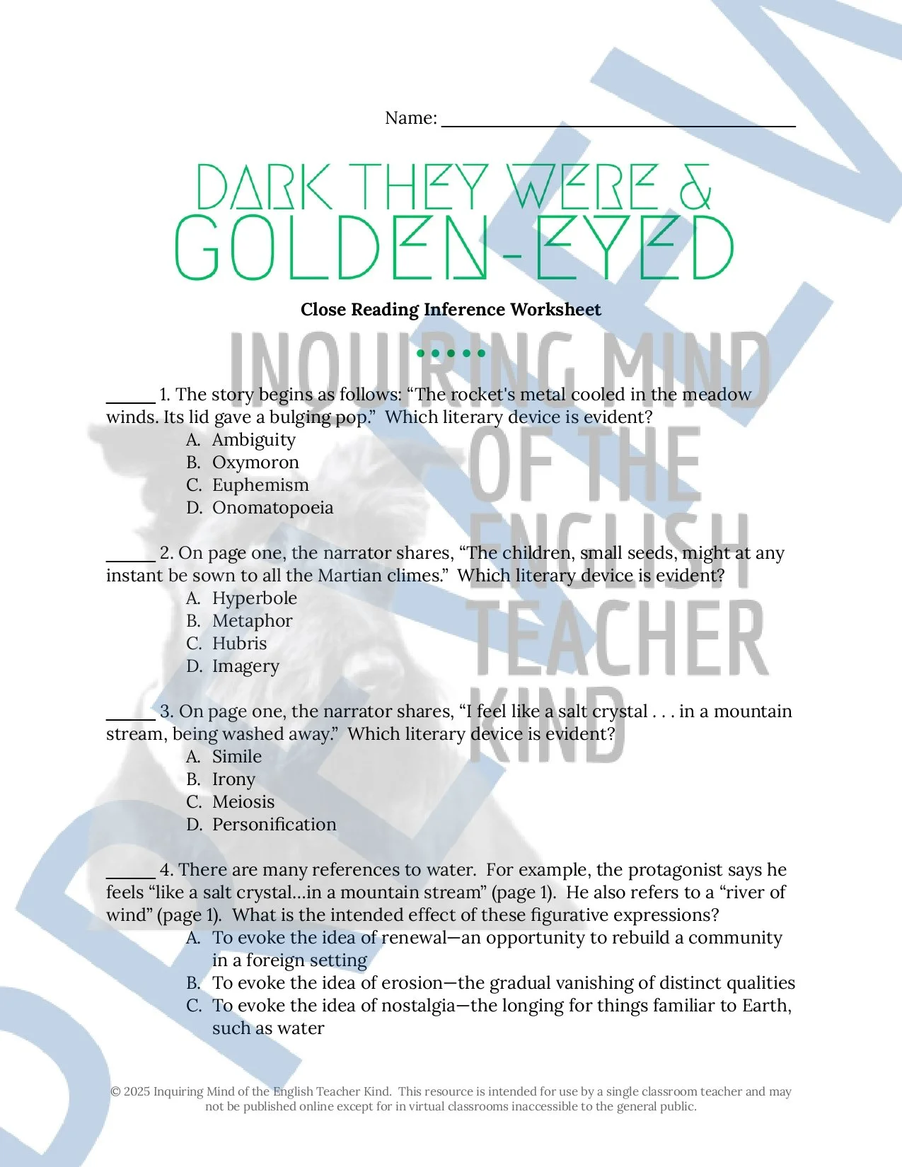 "Dark They Were and Golden Eyed" Quiz, Close Reading, and Vocab Games ...