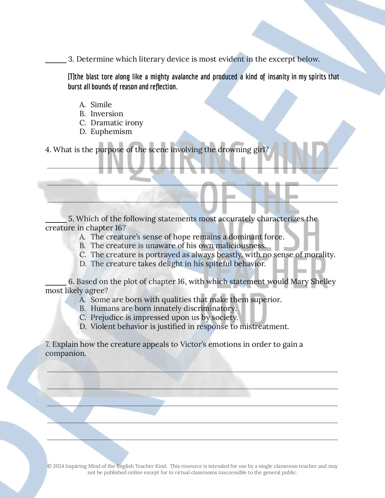 Frankenstein by Mary Shelley Chapters 16-18 Quiz, Close Reading ...
