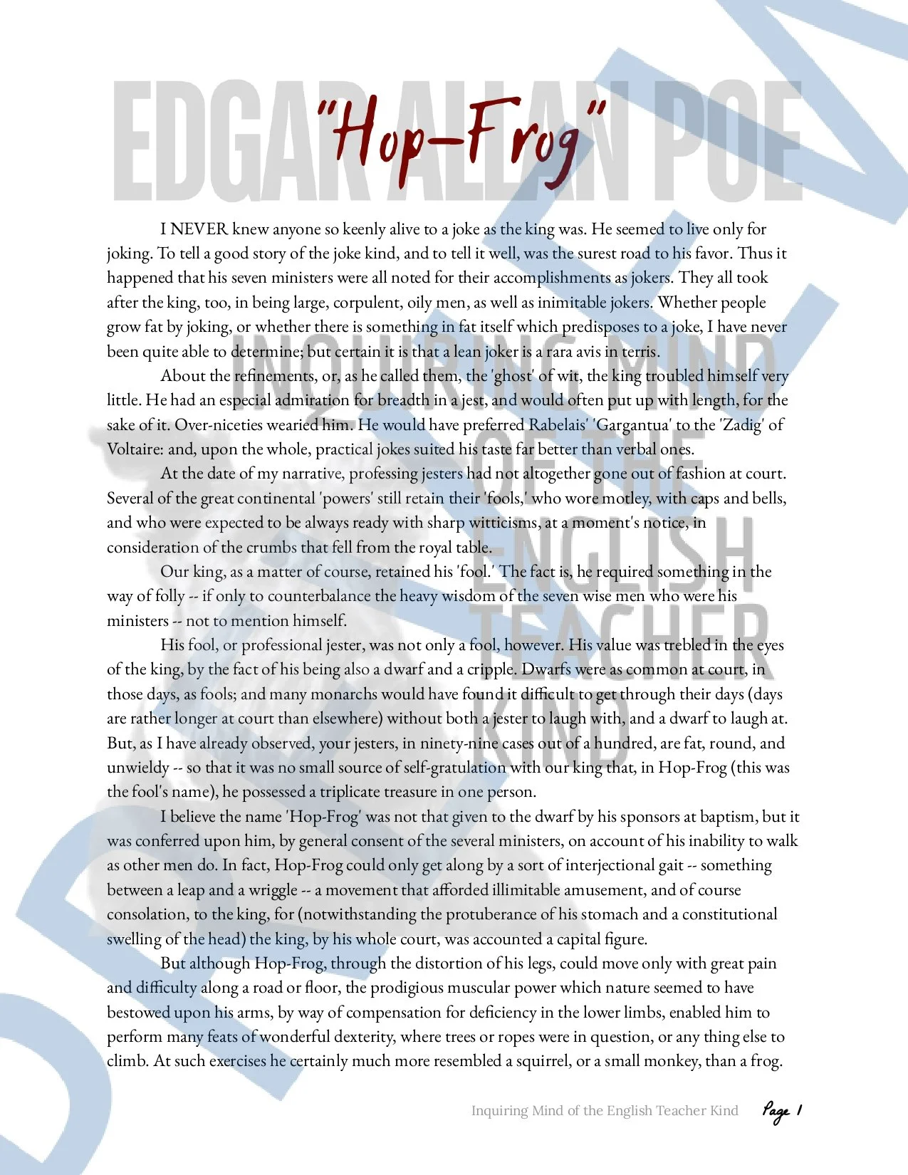 "Hop Frog" by Edgar Allan Poe Quiz, Close Reading Worksheets, and ...