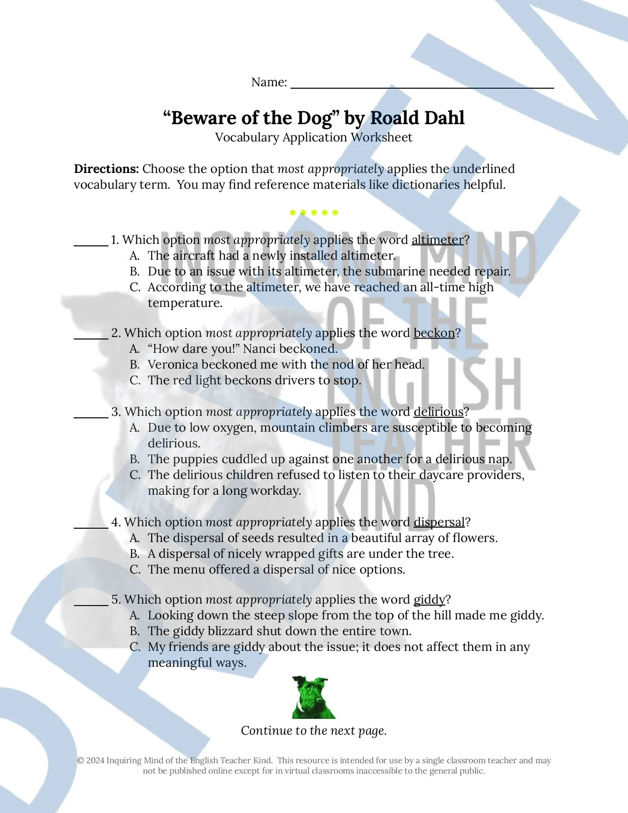 "Beware of the Dog" by Roald Dahl Quiz, Close Reading Activity, and ...
